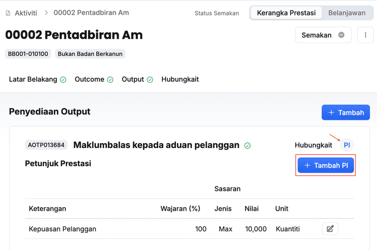 Penetapan PI Output Aktiviti